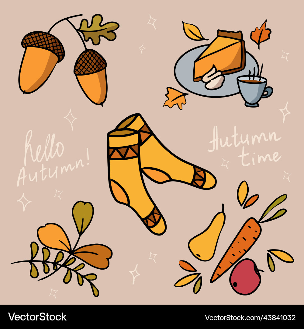 Autumn acorns sticker set warm socks leaves Vector Image