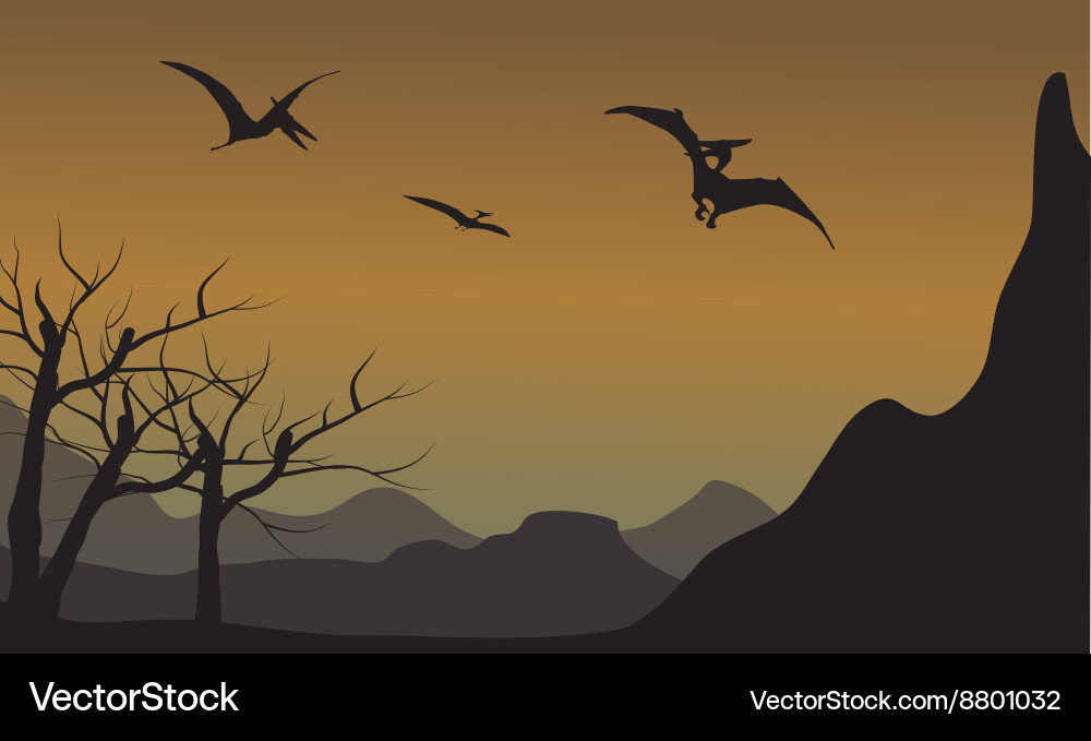 Pterodactyl silhouette in mountain Royalty Free Vector Image