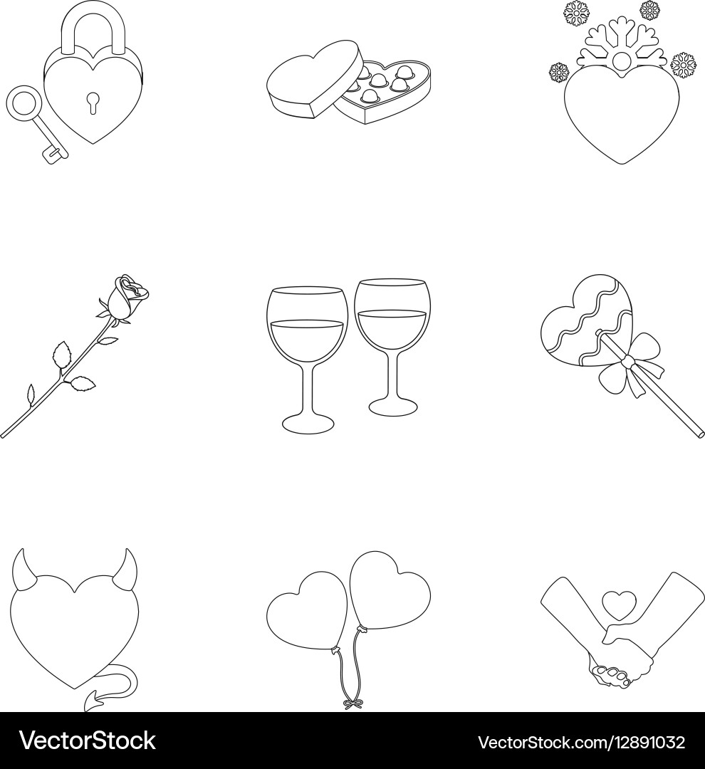 Romantic set icons in outline style big Royalty Free Vector