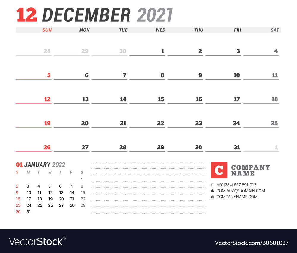 Business monthly planner for december 2021 Vector Image
