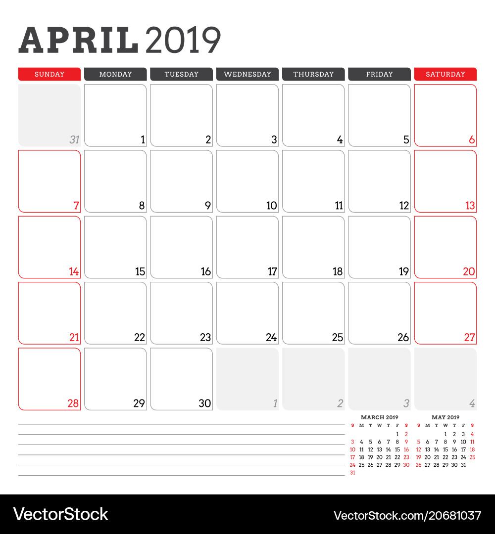 Calendar planner for april 2019 week starts Vector Image
