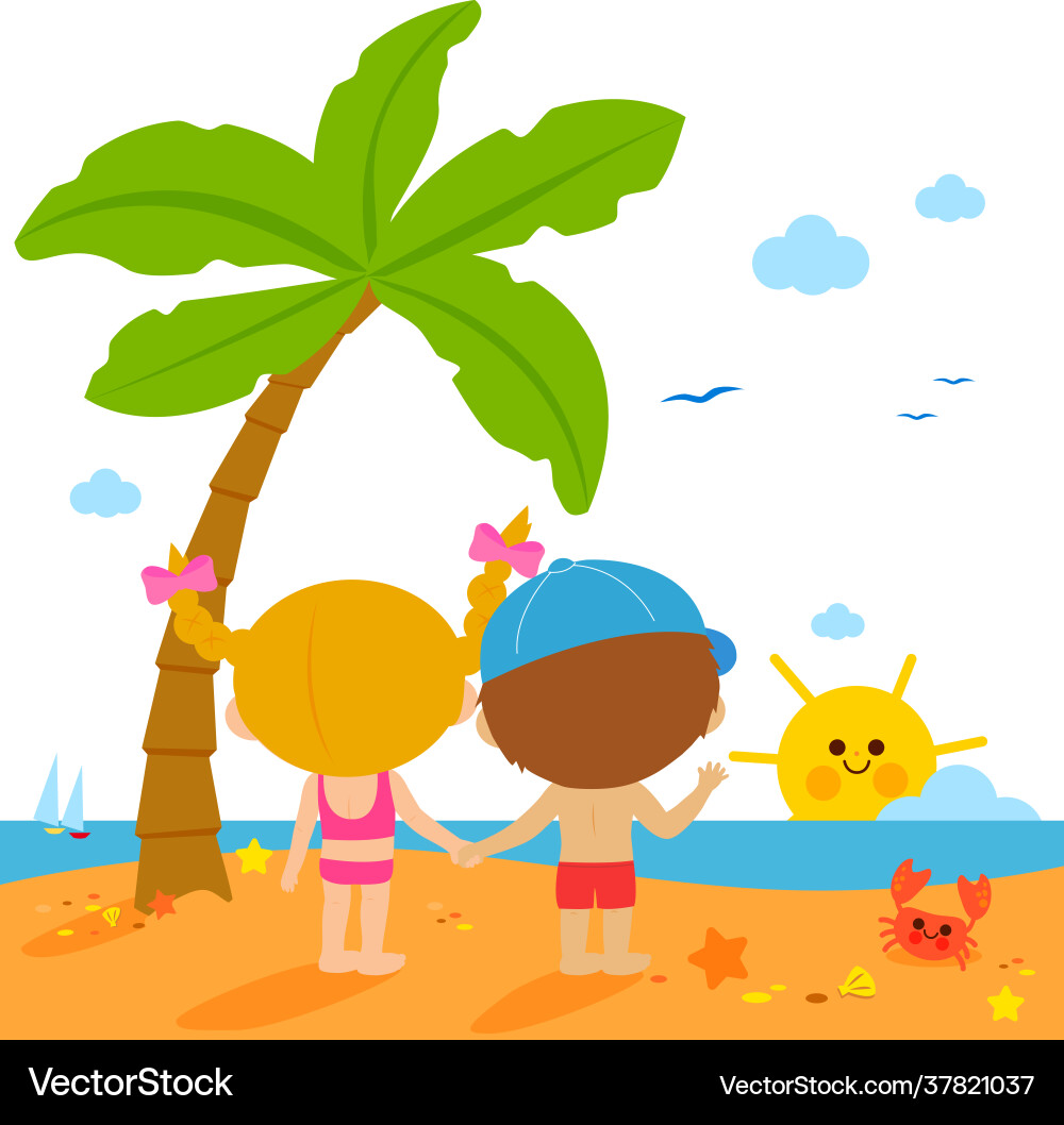 Children at beach under a palm tree Royalty Free Vector