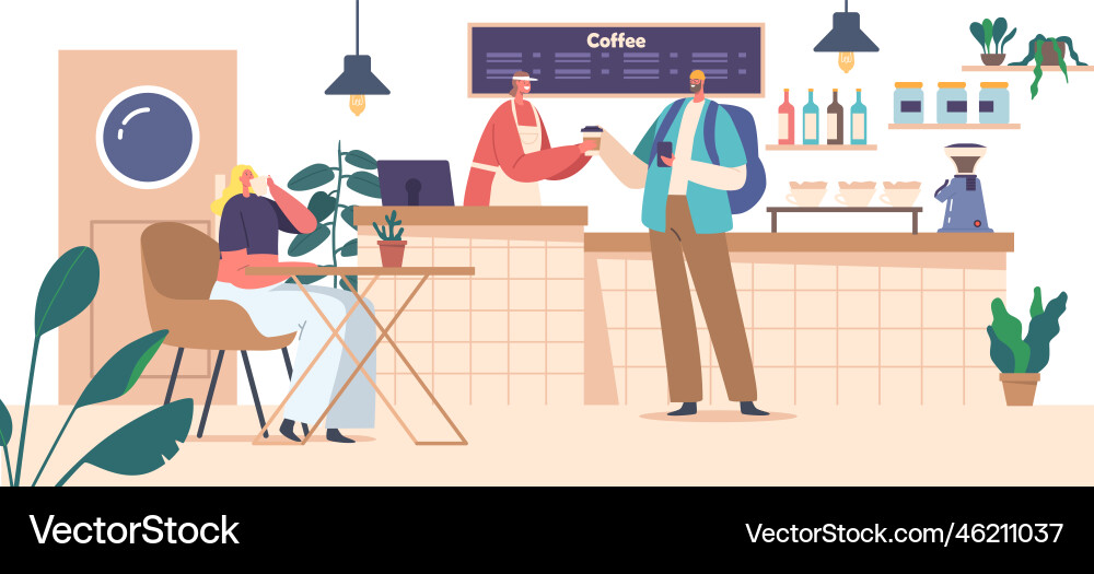 Customers inside a cozy coffee shop buying drinks Vector Image