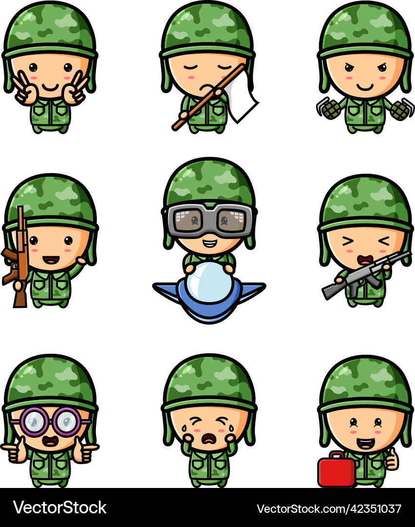 Cute army boy ready for military mascot bundle set