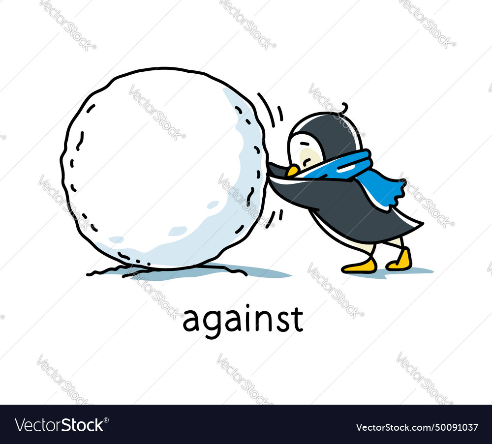 Preposition of place penguin against the snowball Vector Image