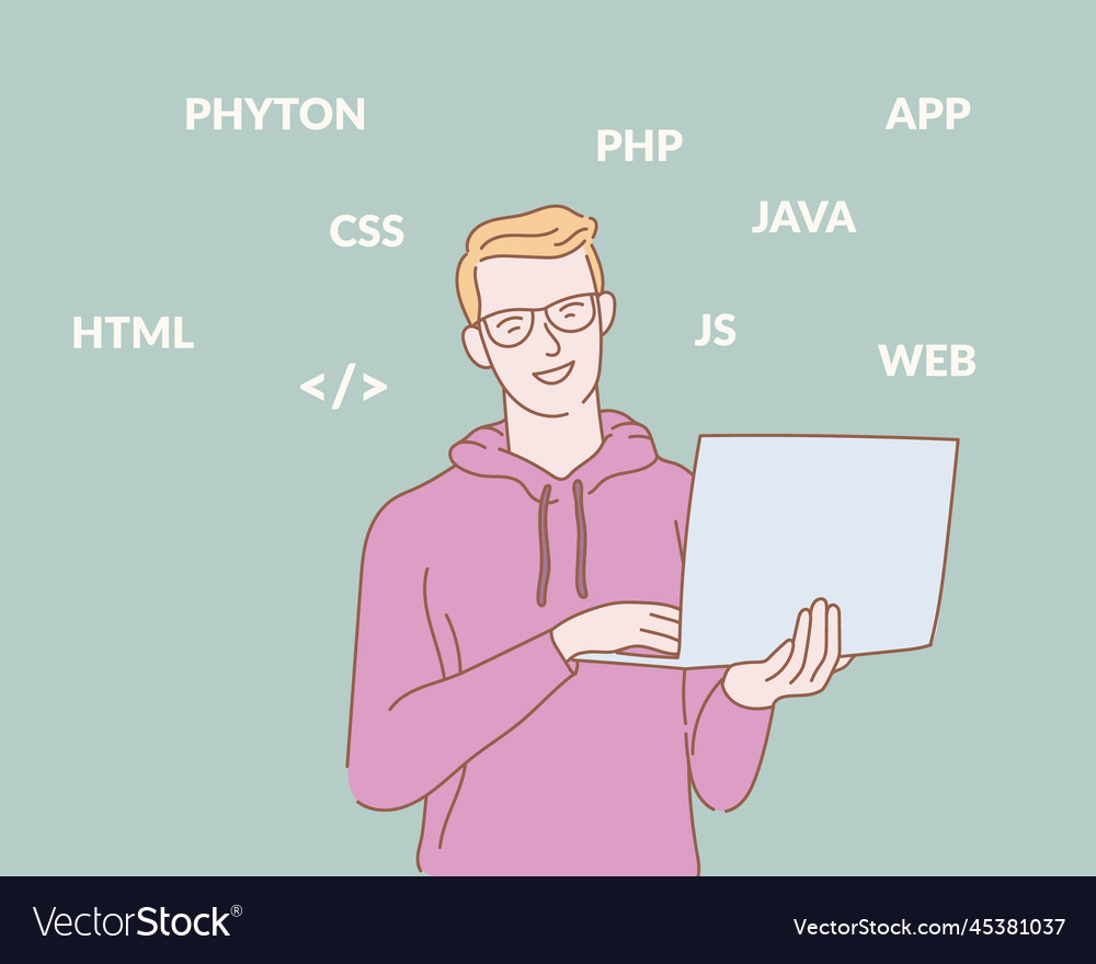 Programmer holding laptop with some programming Vector Image