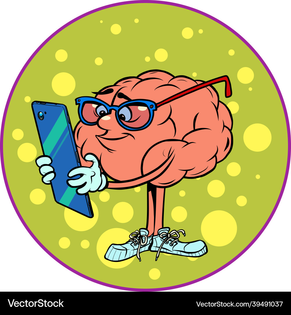 Smart guy looks at his smartphone human brain Vector Image