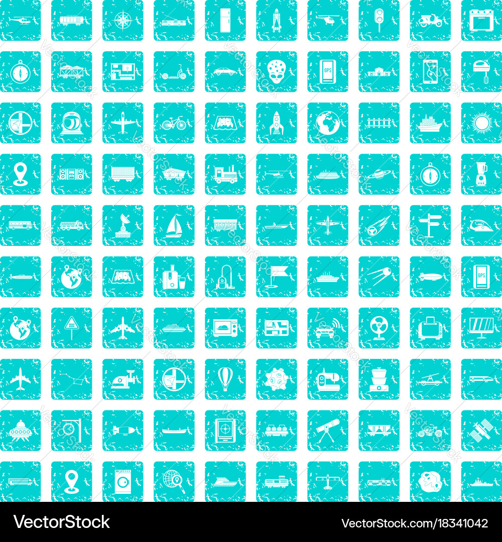 100 technology icons set grunge blue Royalty Free Vector