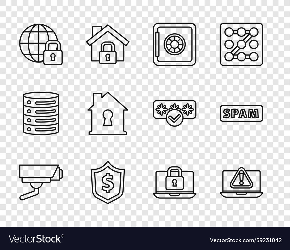 Set Line Security Camera Laptop With Exclamation Vector Image