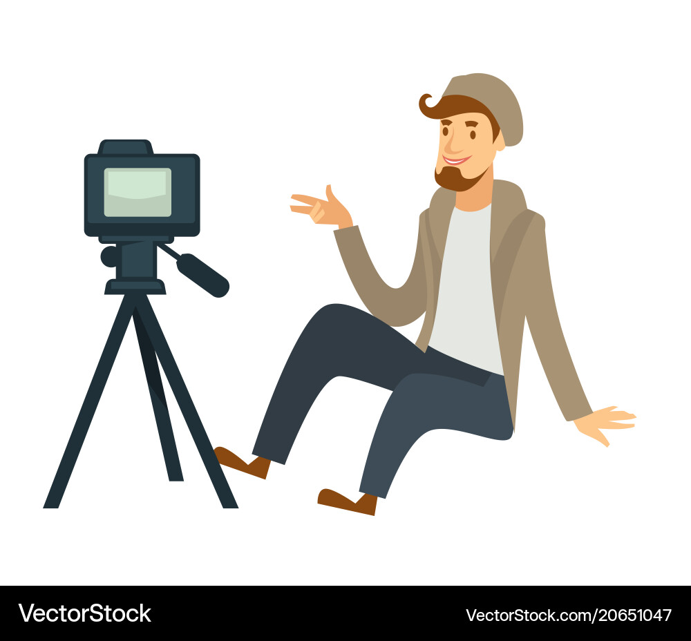 Blogger or vlogger man shooting video Royalty Free Vector