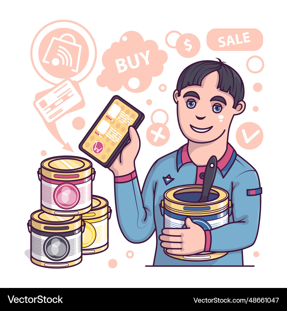 Man holding jar with paint and mobile phone Vector Image
