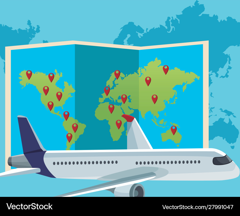 World map with location pins and airplane icon Vector Image