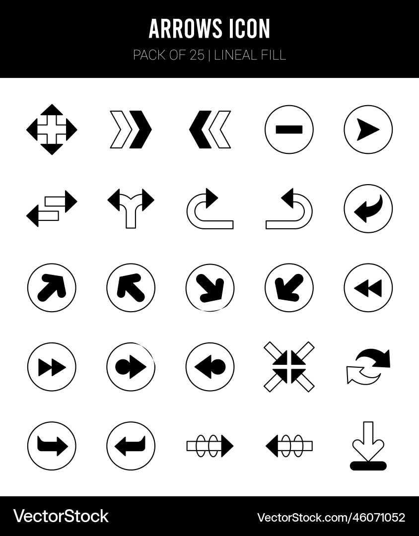 25 arrows lineal fill icons pack Royalty Free Vector Image