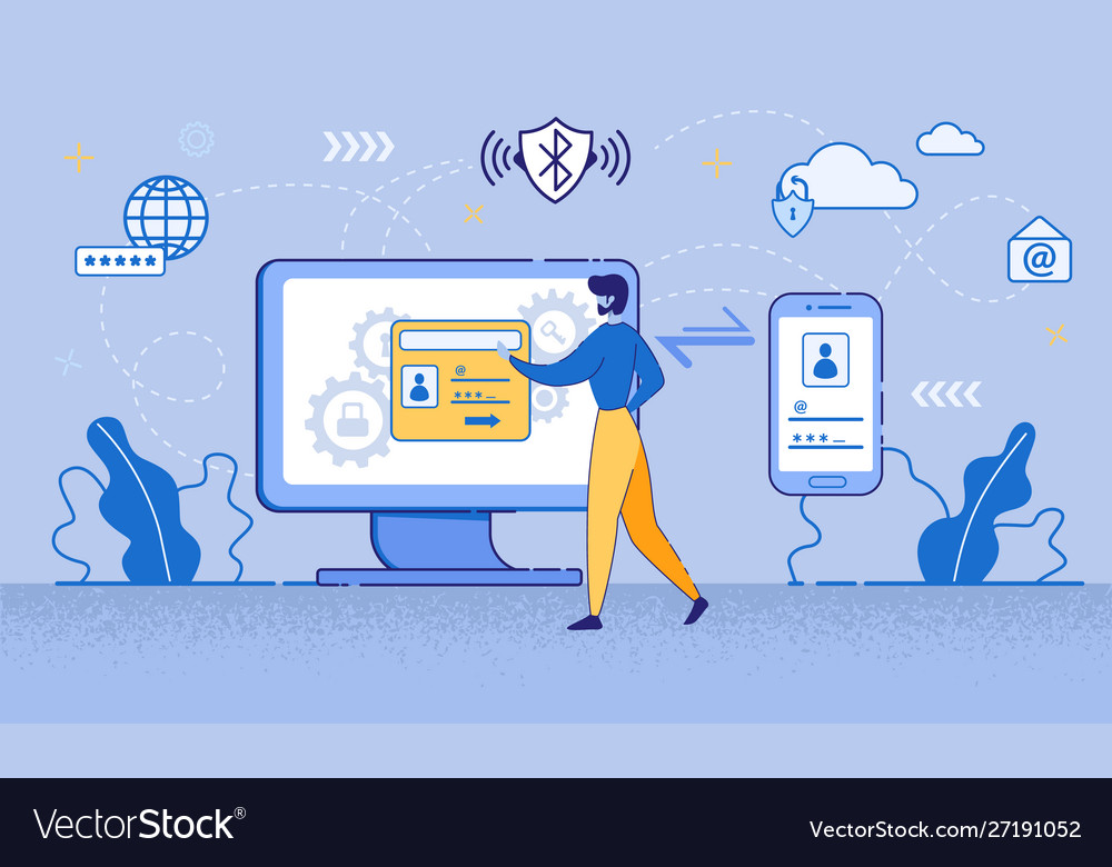 Cartoon man use computer two-factor authentication