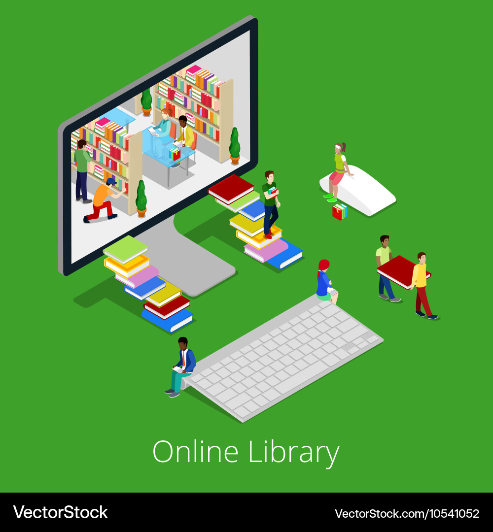 Isometric online library people reading books Vector Image