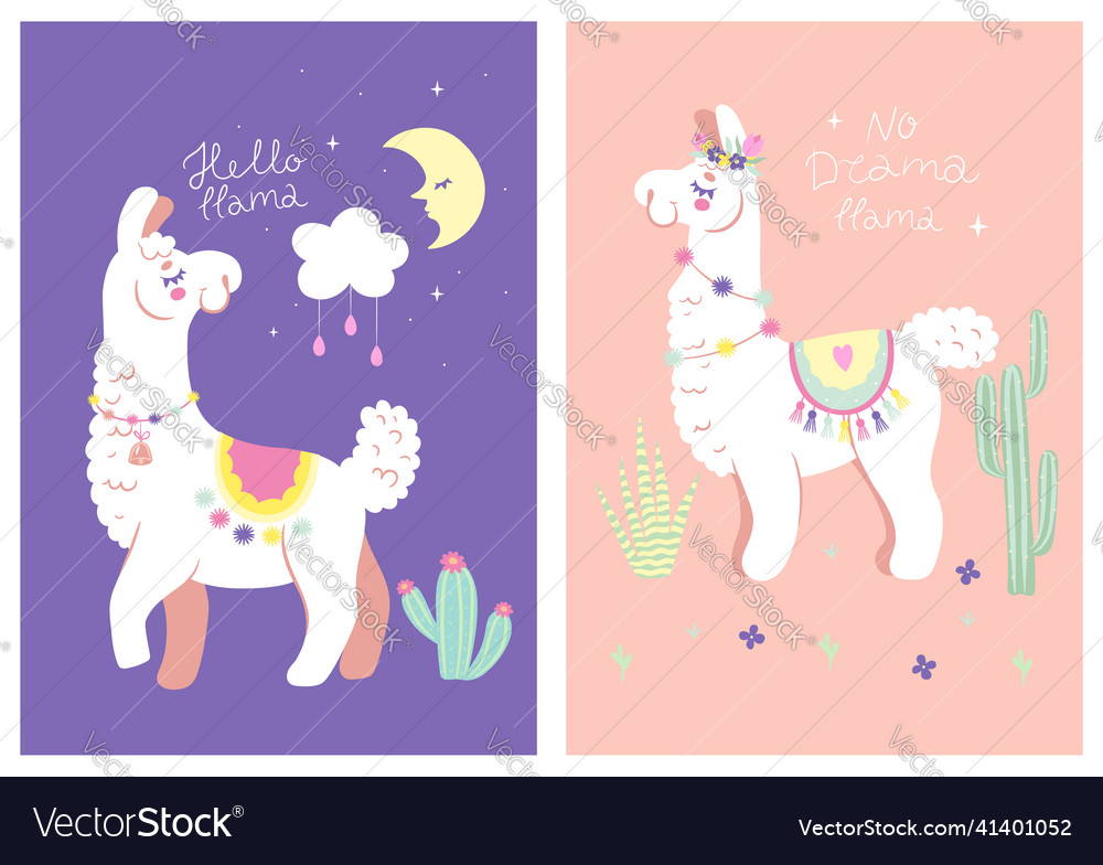 Set of postcards with cute llamas graphics Vector Image