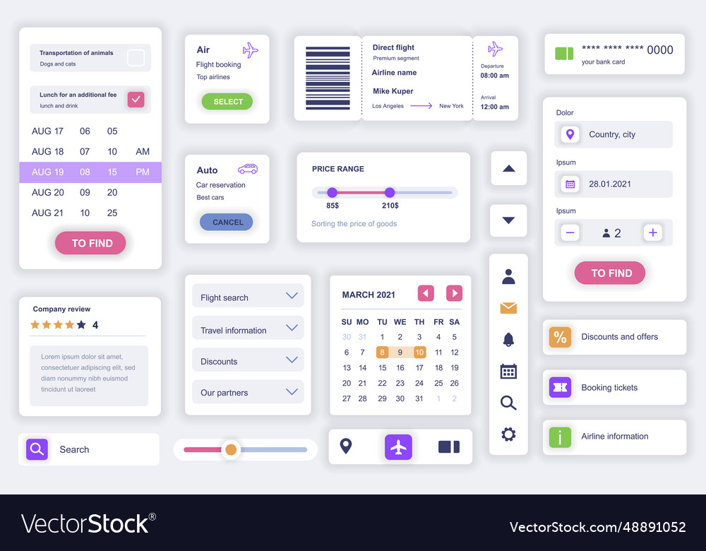 User interface elements set for booking mobile app