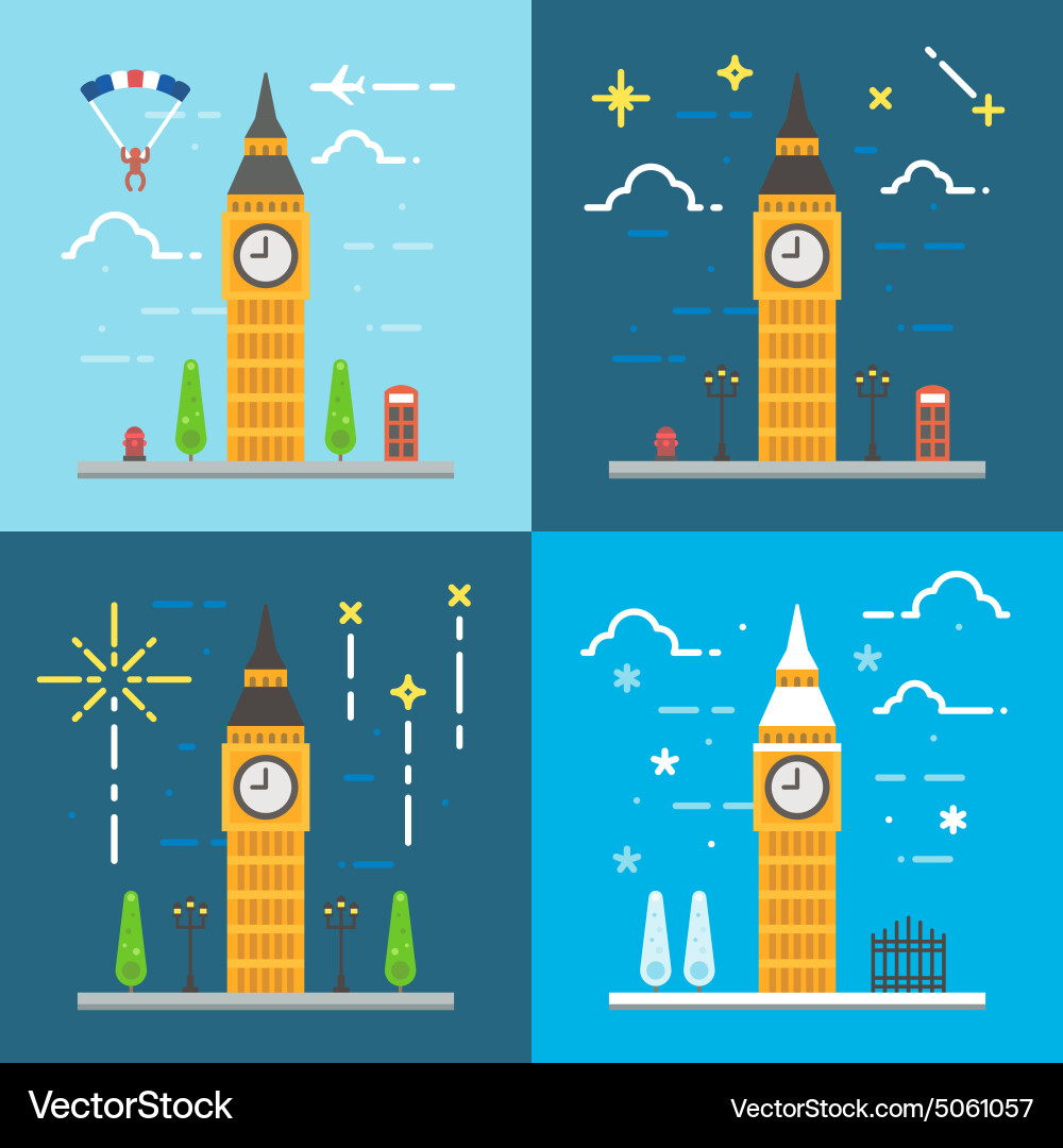 Flat design 4 styles big ben clock tower london Vector Image