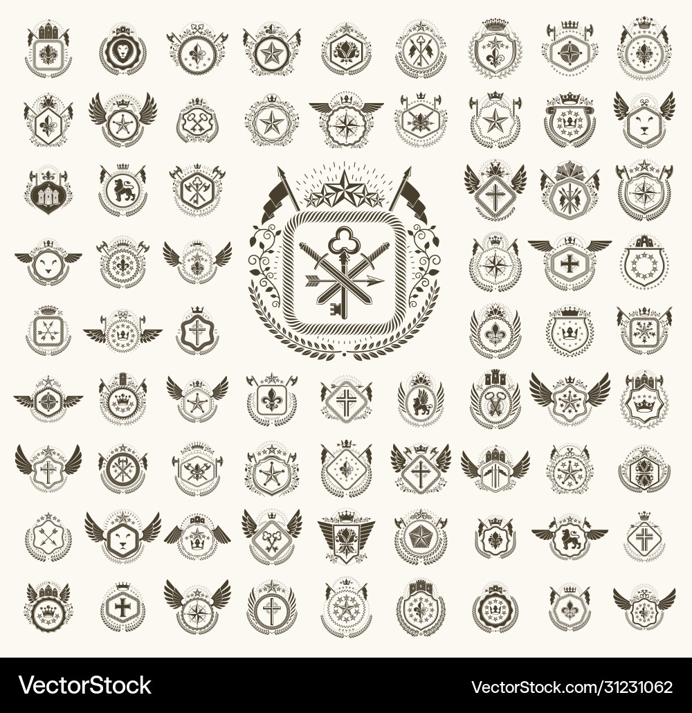 Vintage heraldic emblems big set antique heraldry Vector Image