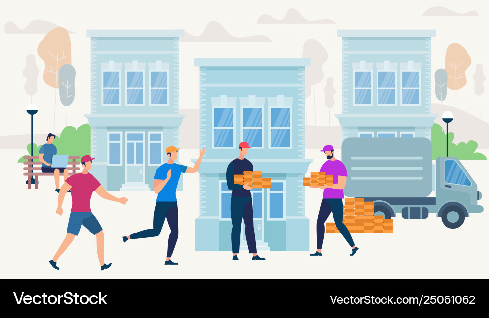 Workers bring bricks van car to build house Vector Image