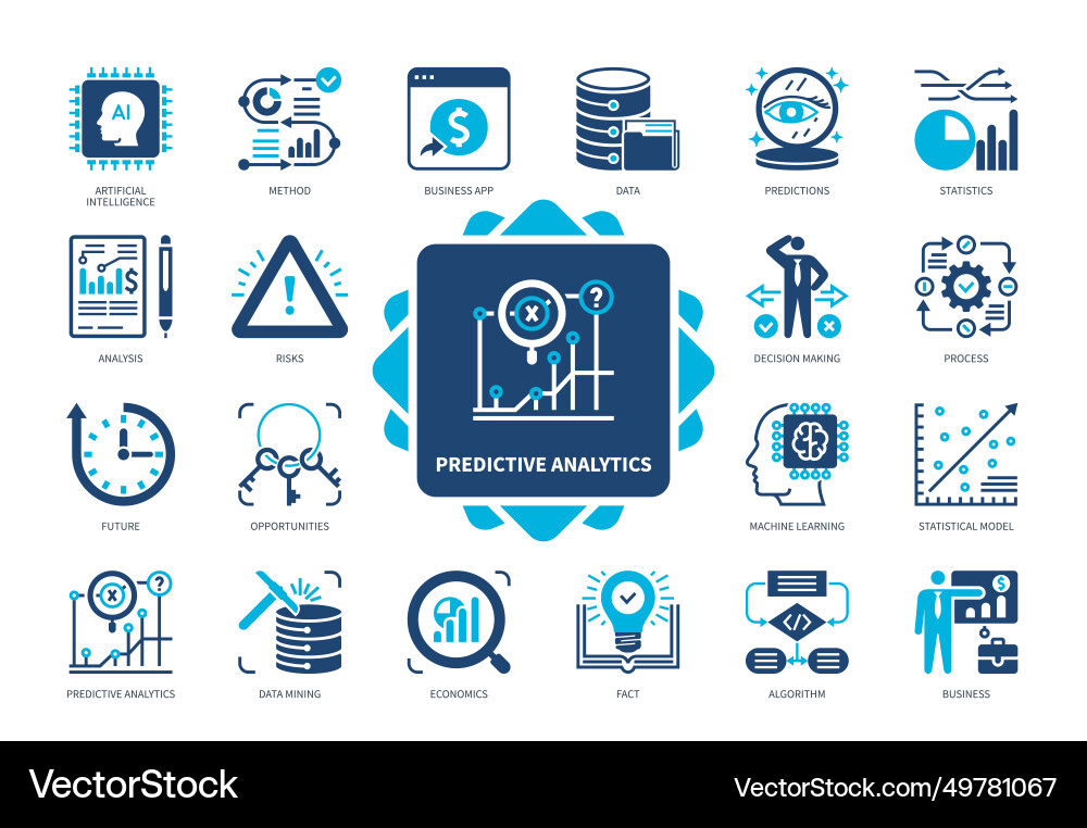Predictive analytics solid icon set Royalty Free Vector