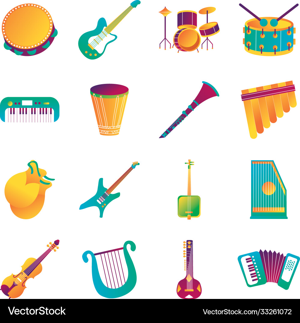 Bundle sixteen musical instruments set icons Vector Image