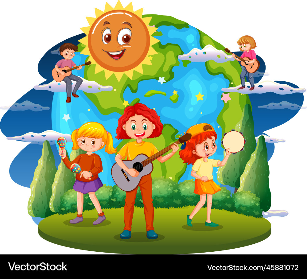 Children playing music on earth globe Royalty Free Vector