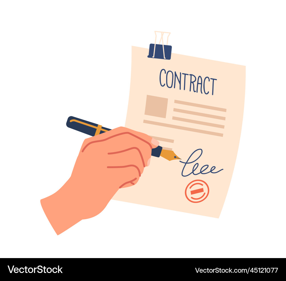 Hand signing contract with pen human character Vector Image