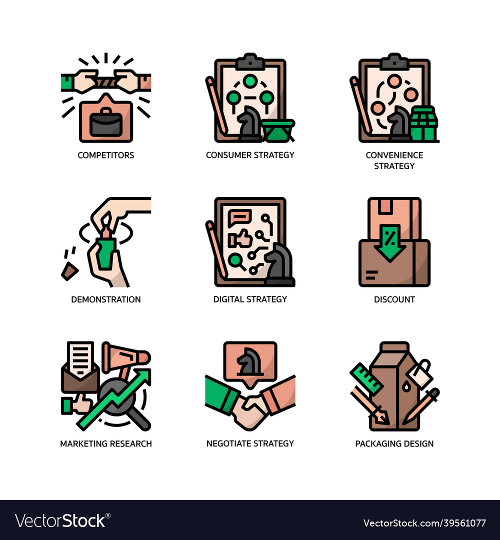 Marketing strategy icons set Royalty Free Vector Image