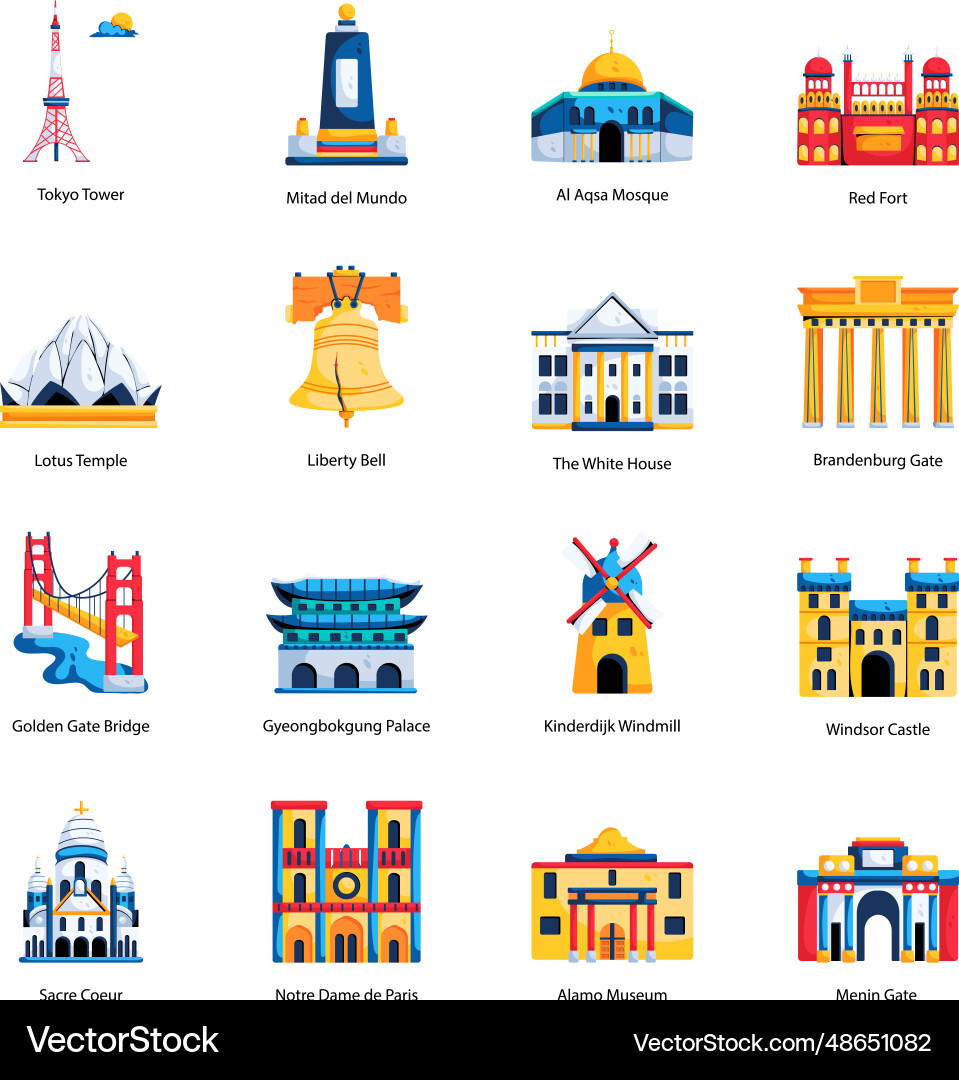 Collection of famous monuments flat icons Vector Image