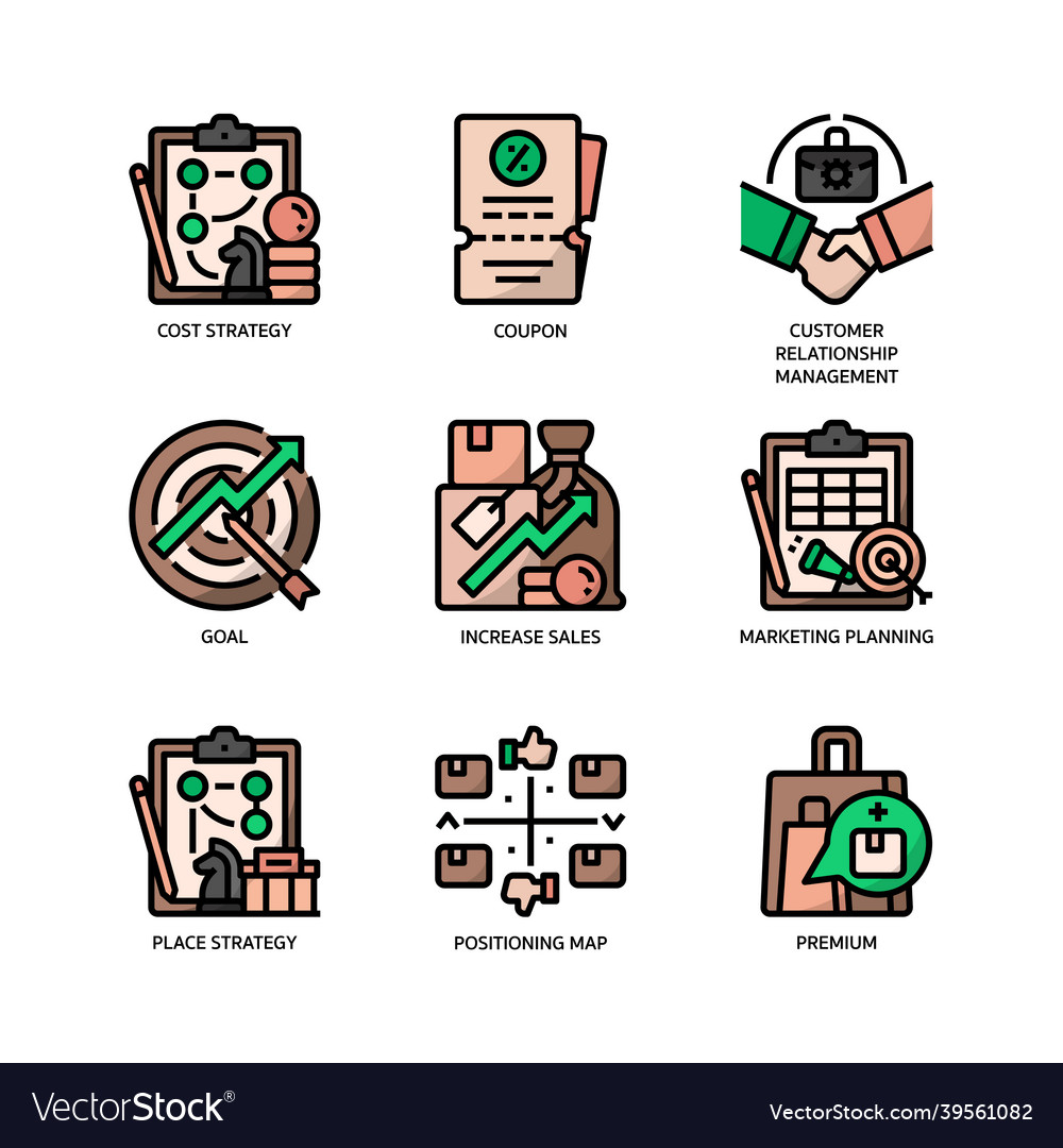 Marketing strategy icons set Royalty Free Vector Image