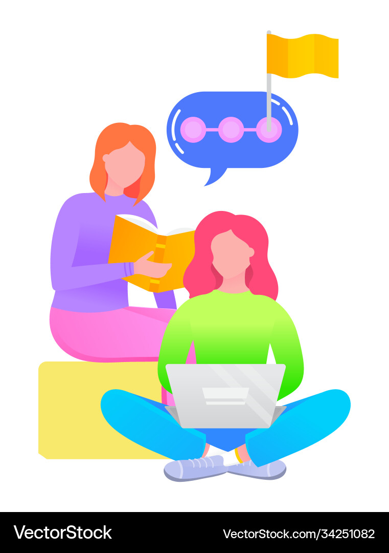 People learning info from books and laptop Vector Image