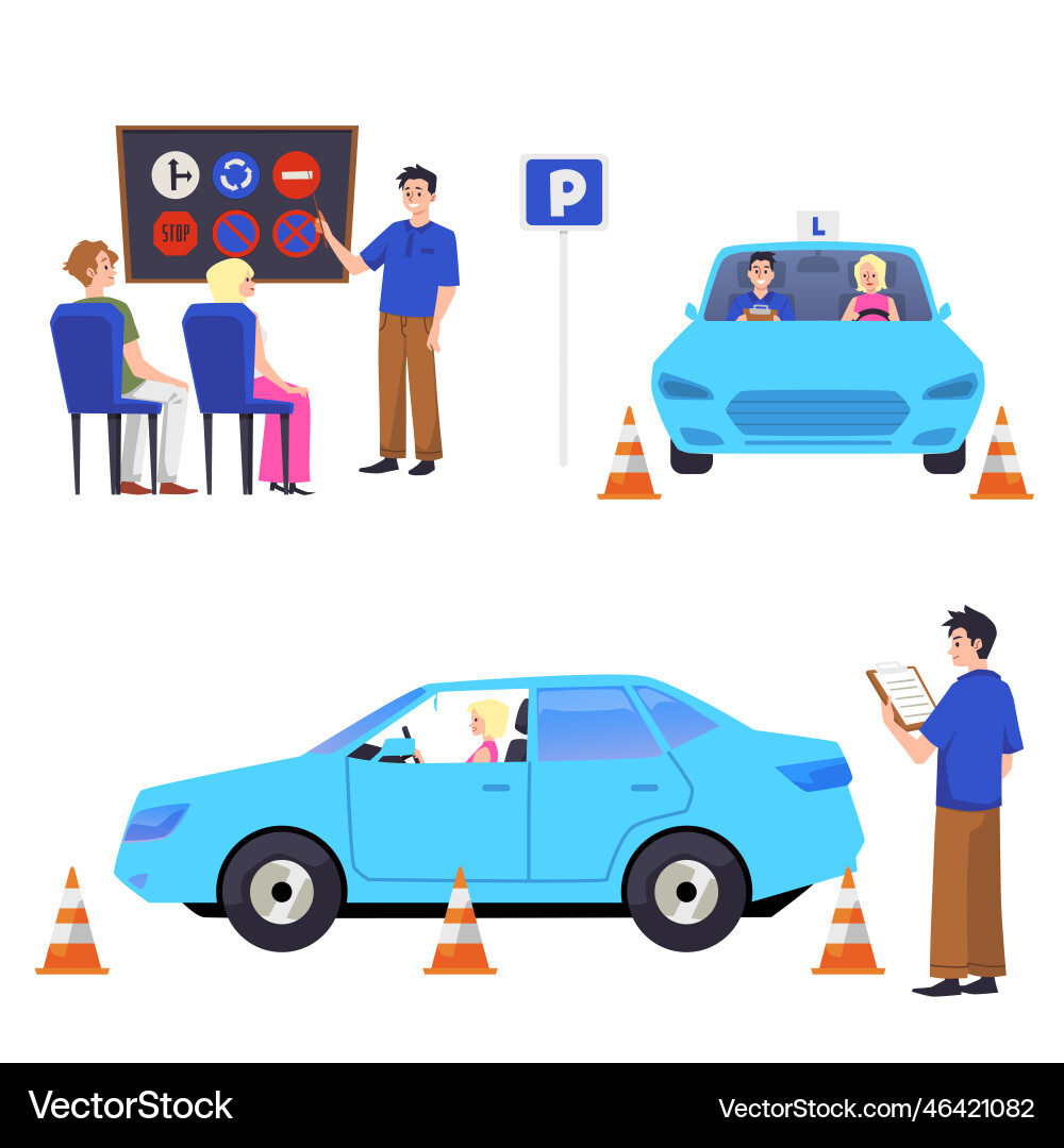 Set of scenes about driving school flat style Vector Image