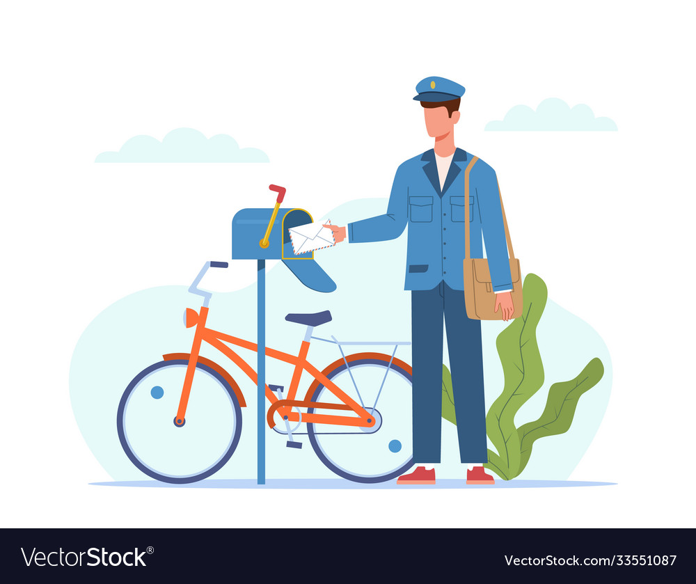 Postman deliver mail mailman in blue uniform Vector Image