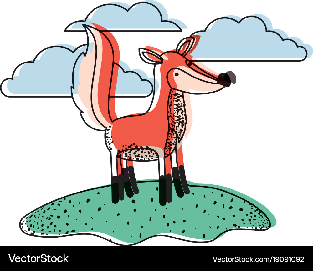 Fox cartoon in outdoor scene with clouds Vector Image