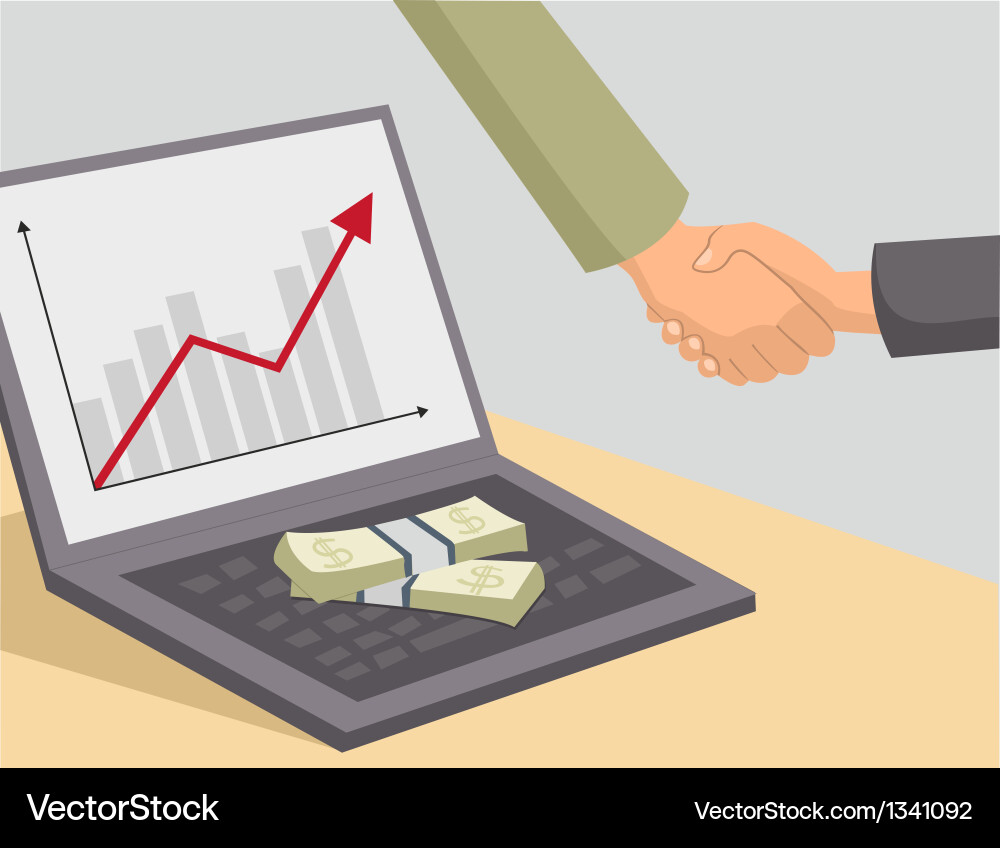 Handshake and money on laptop Royalty Free Vector Image