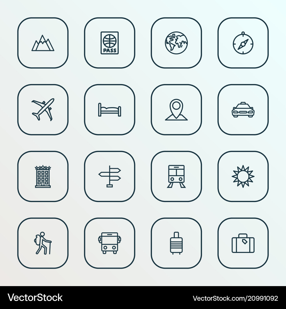 Journey icons line style set with bed compass Vector Image