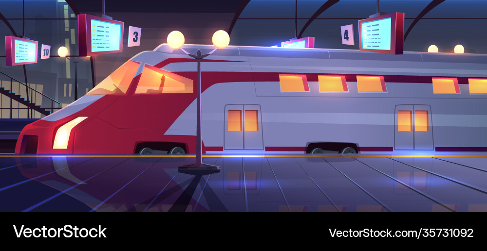 Railway station with high speed train at night Vector Image
