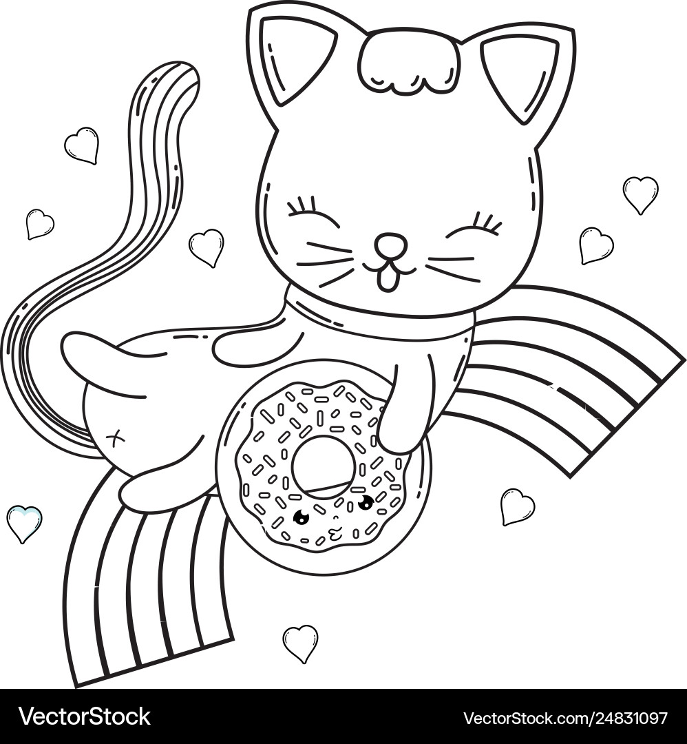 Cute cat with donut in rainbow Royalty Free Vector Image