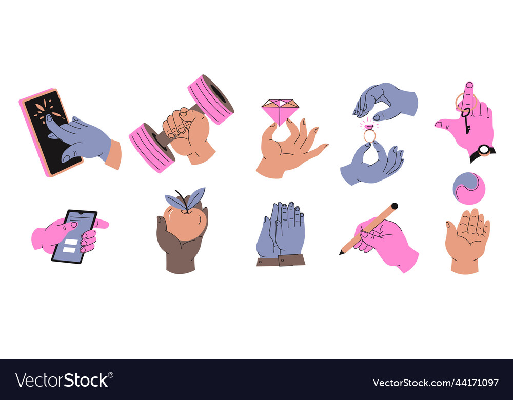 Hand gestures touch smartphone holding pen set Vector Image Hand gestures touch smartphone holding pen set Vector Image