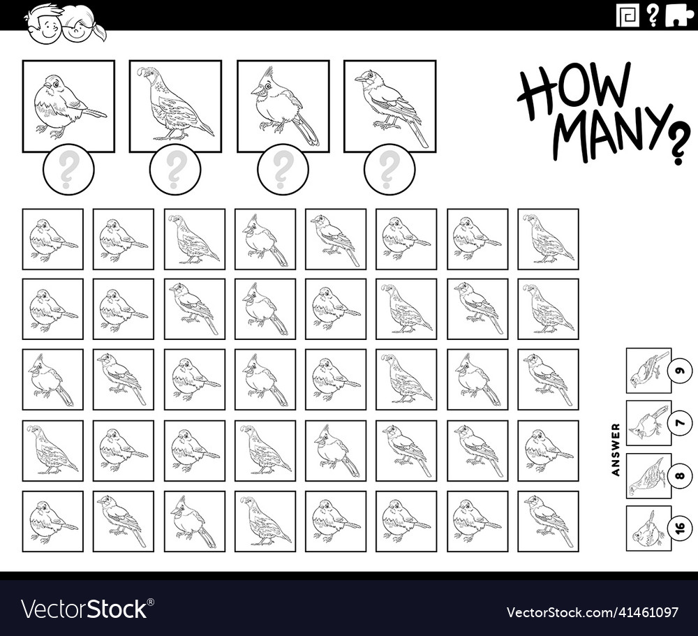 How many cartoon birds counting game coloring Vector Image