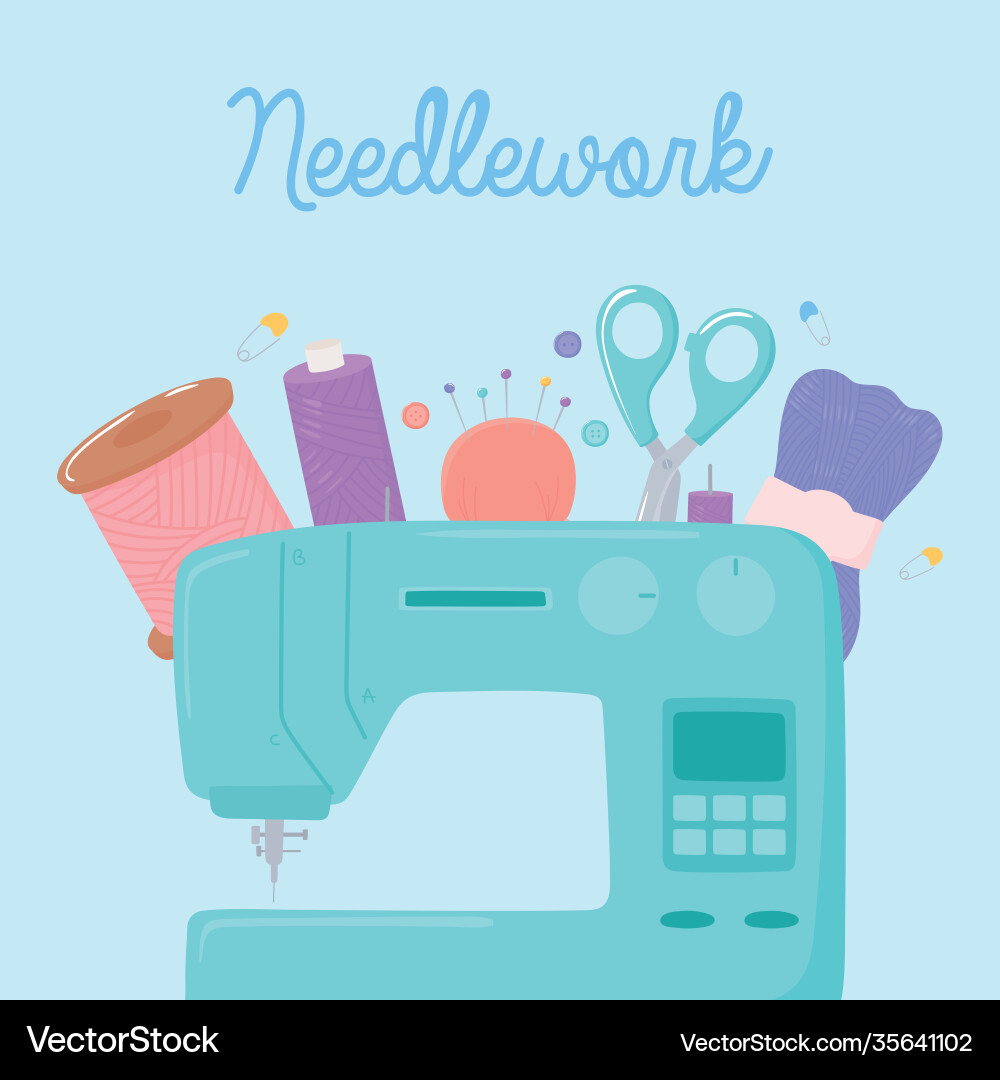 Sewing machine spools thread scissors pins Vector Image
