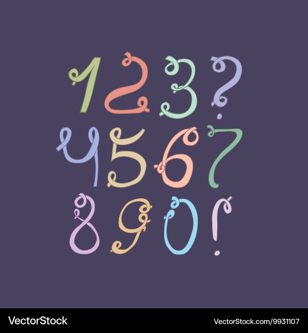Hand drawn colorful funky digits isolated on dark Vector Image