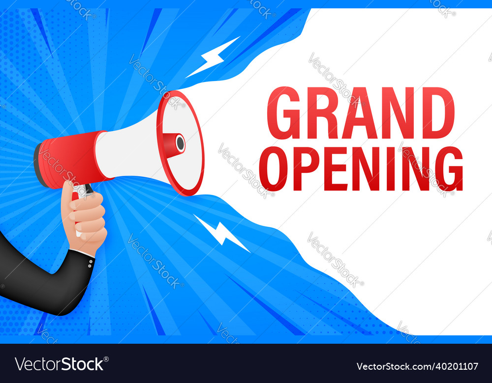 Megaphone label with grand opening Royalty Free Vector Image Megaphone label with grand opening Royalty Free Vector Image