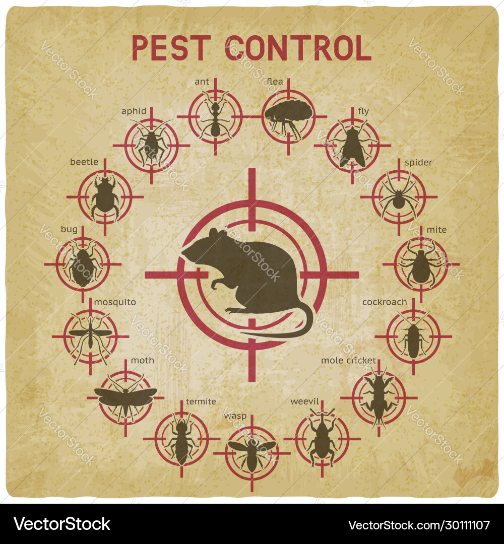 Pest control icons set on red target vintage Vector Image