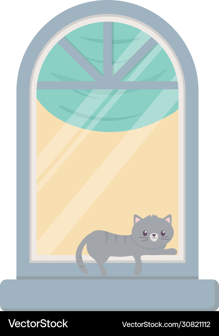 Resting cat on window house isolated icon white Vector Image