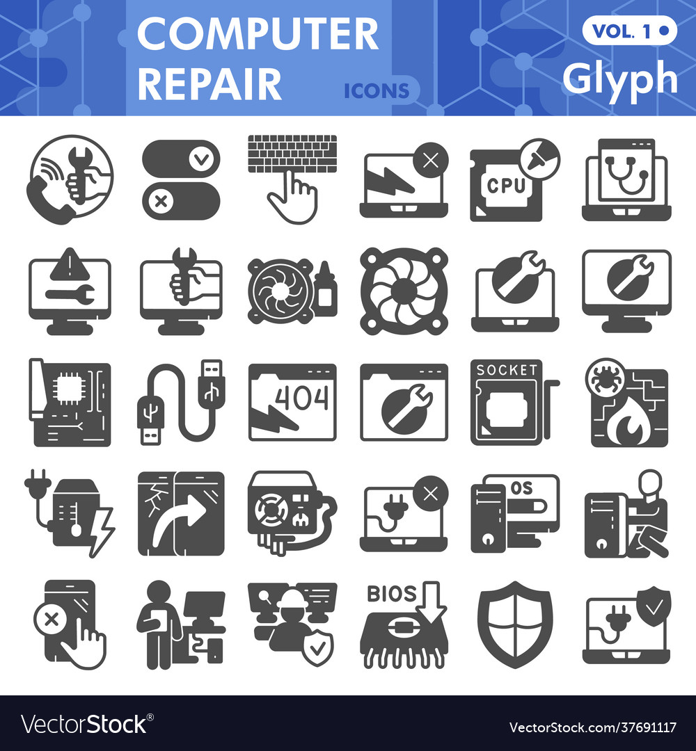 Pcrepair solid icon set computer symbols Vector Image