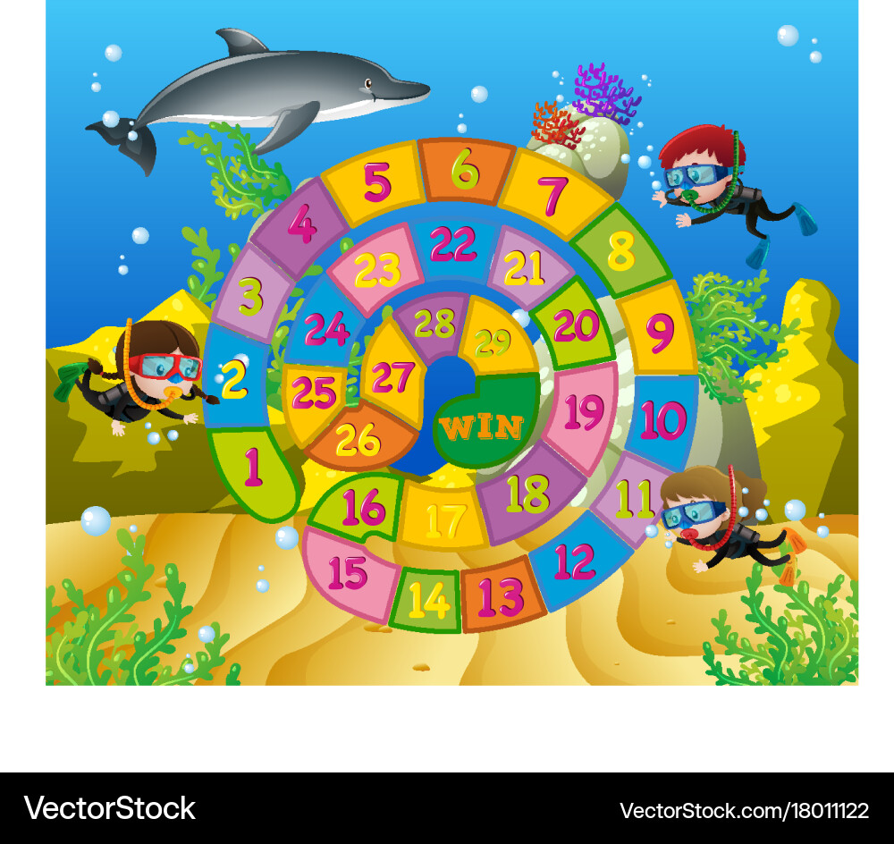 Boardgame template with kids underwater Royalty Free Vector