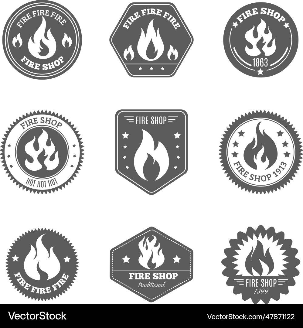 Fire shop emblems icons set black shop Royalty Free Vector