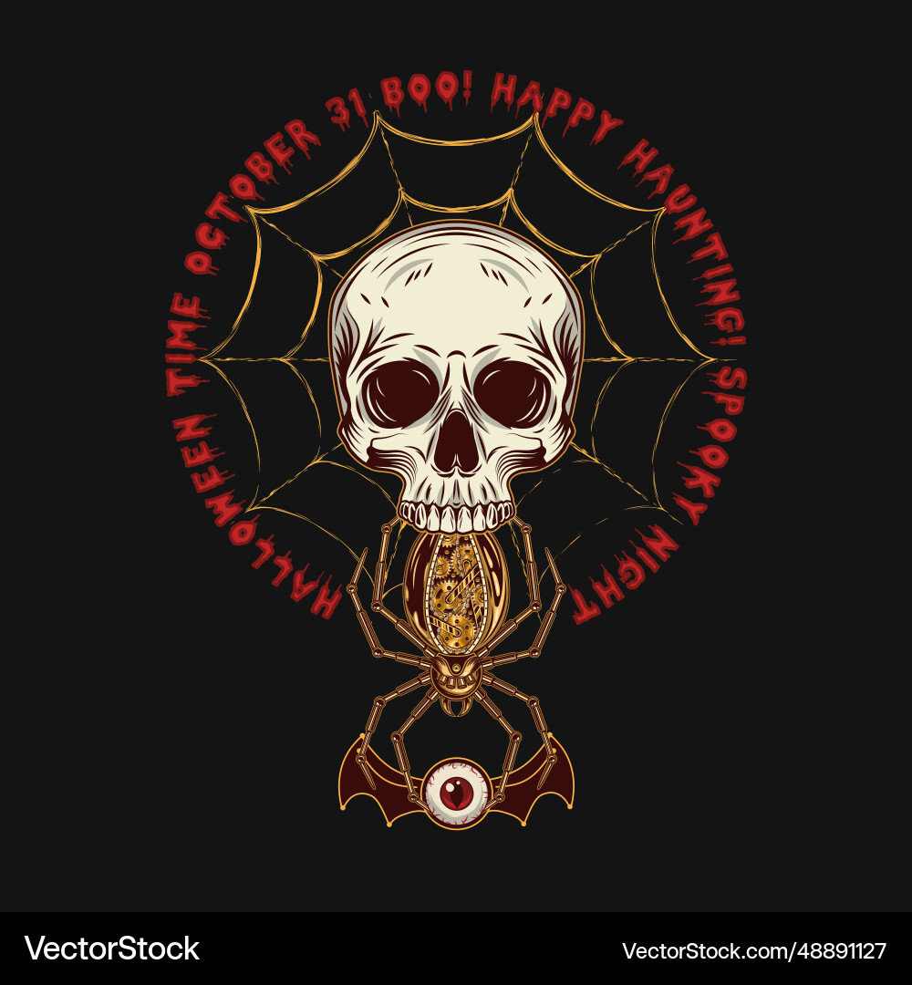 Creepy label with skull spider eye monster Vector Image